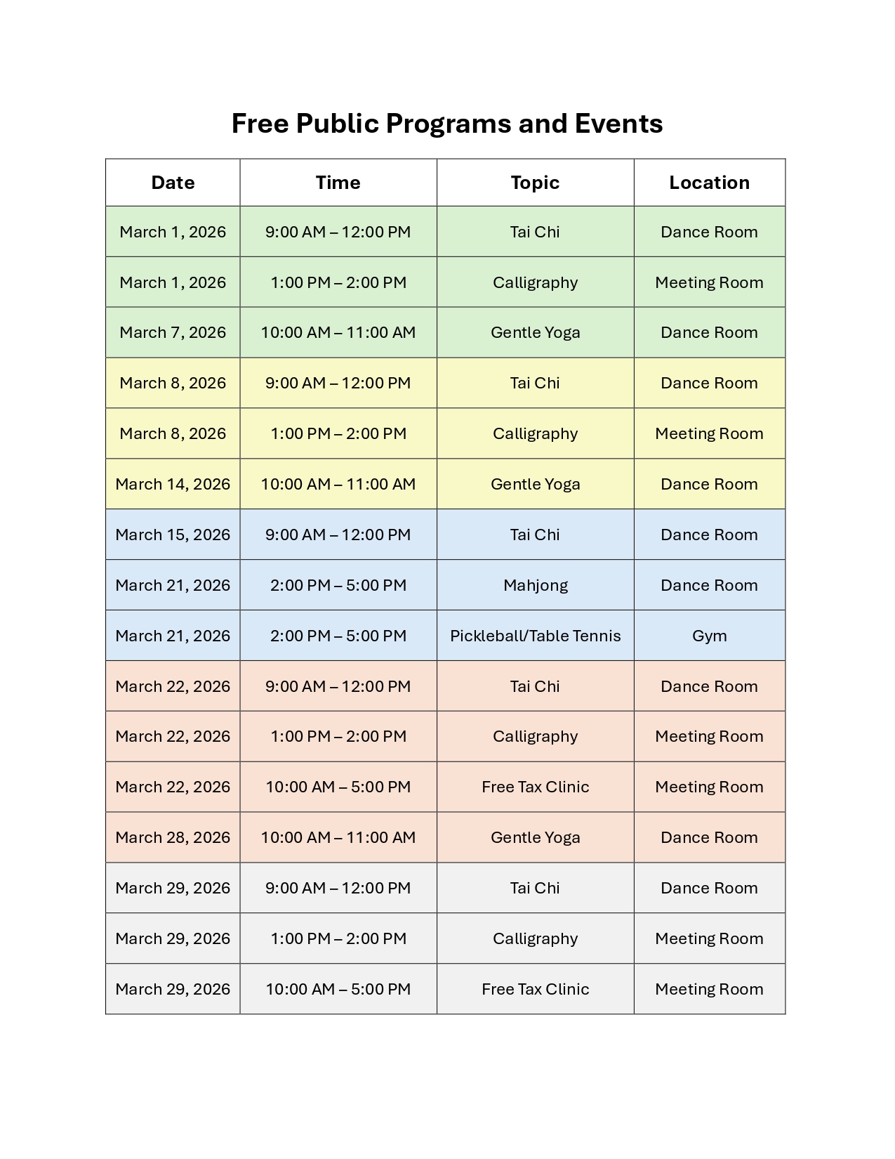 Free Public Programs and Events Schedule – 温城中华文化中心